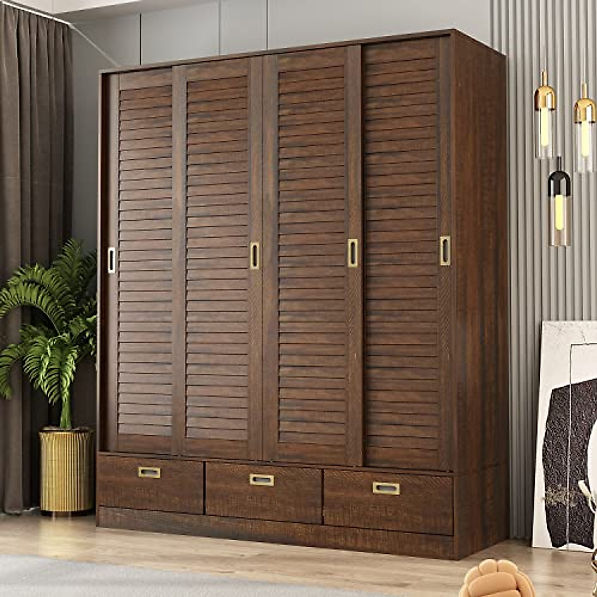 Homsee Large Wardrobe Armoire with 4 Sliding Doors, 3 Drawers, Hanging Rods & Storage Shelves, Wooden Closet Storage Cabinet with Silver Handles for Bedroom, Brown (59.1”W x 20.9”D x 70.9”H)
