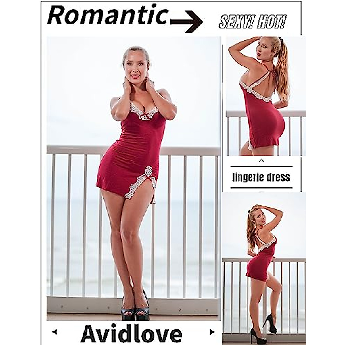 Avidlove Lingerie Women's Exotic Nightgowns Sexy Lace Lingerie for Women Shirt Dress for Women Sexy (Wine Red,S)