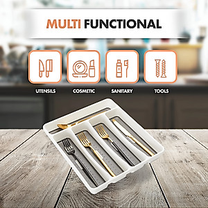 JINAMART Silverware Organizer Tray, Kitchen Utensils Holder and Cutlery Tray with Grooved Drawer Dividers, 5-Compartments Kitchen Drawer Organizer, Non-Slip Rubber Feet BPA-Free (5-compartment)