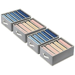 DIMJ Wardrobe Clothes Organizer, 4 Packs Drawer Organizers for Clothing with 5 Compartments, Fabric Closet Organizer for Clothes, Jeans Organizer for Closet, T Shirt, Wardrobe, Drawer, (Grey)