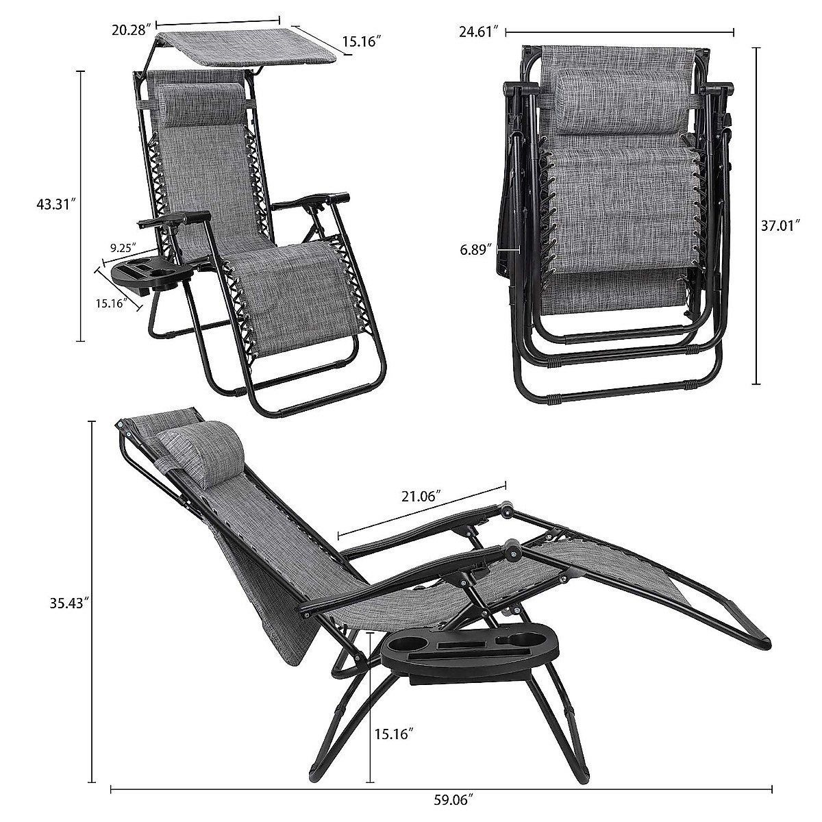 Flamaker Zero Gravity Chair with Canopy Outdoor Lounge Chair Folding Patio Recliners Adjustable Lawn Lounge Chair with Pillow for Poolside, Yard and Camping (Grey)