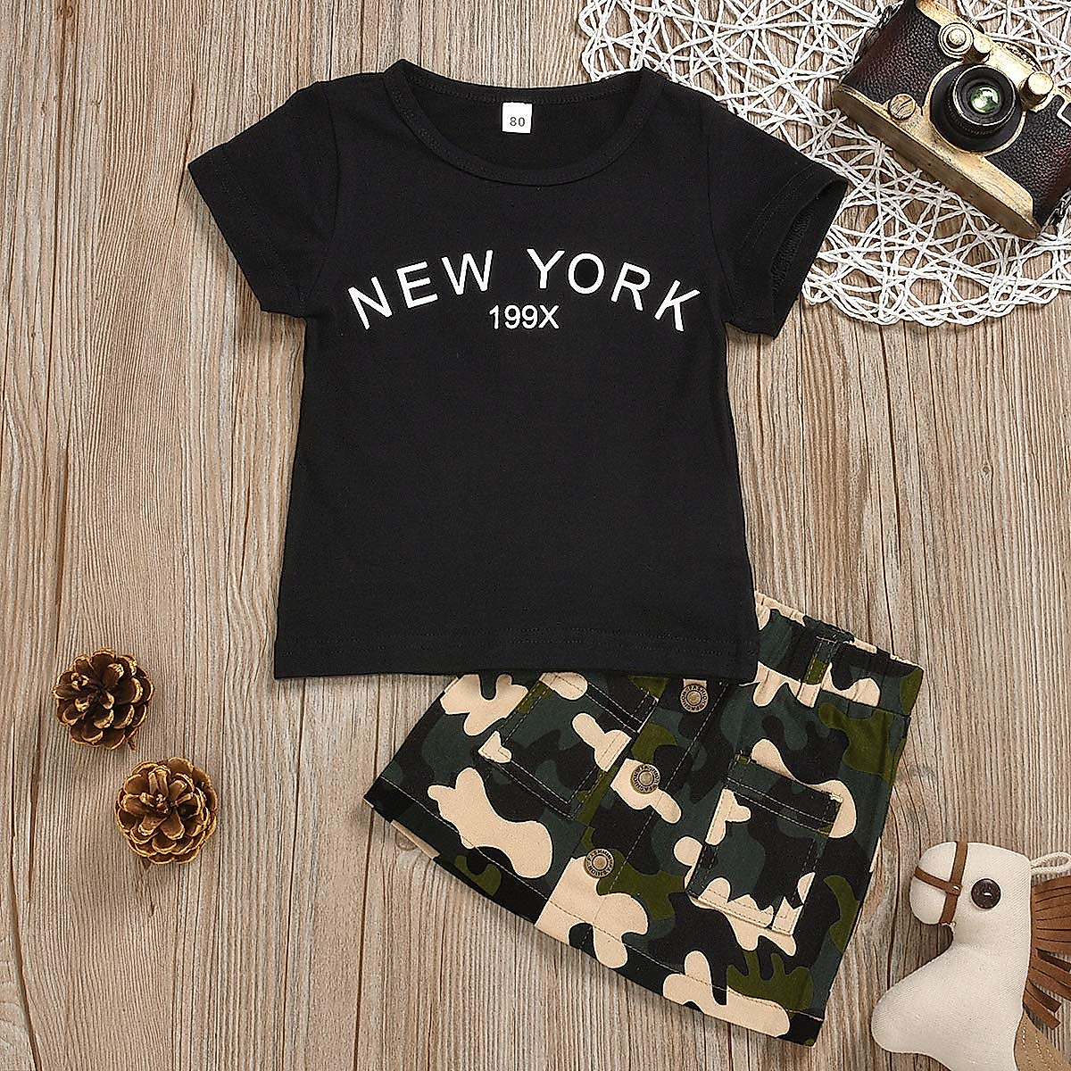 BOEBNOZCV Toddler Baby Girls Camouflage Outfit Black Letter Tops Shirt + Denim Skirt Dress Shorts Summer Two Piece Clothes Set (Camouflage Denim, 6-7 Years)