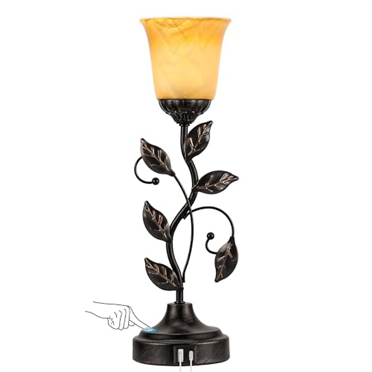 Touch Table Lamp Bedside Lamp, Nightstand Lamp with USB Charging Ports for Living Room, 3 Way Dimmable Traditional Leaf Lamp Retro Table Lamp for Bedroom with Amber Glass Lampshade (LED Bulb Included)