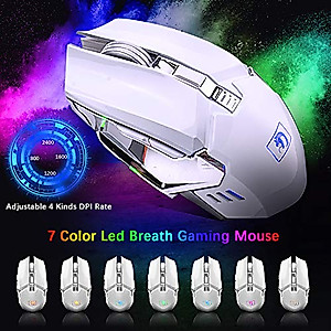 Wireless Gaming Keyboard and Mouse,16 Kinds RGB LED Backlit Rechargeable Keyboard Mouse with 4800mAh Battery Metal Panel,Mechanical Feel and Gaming Mute Mouse for PC Gamers(White RGB Backlit)
