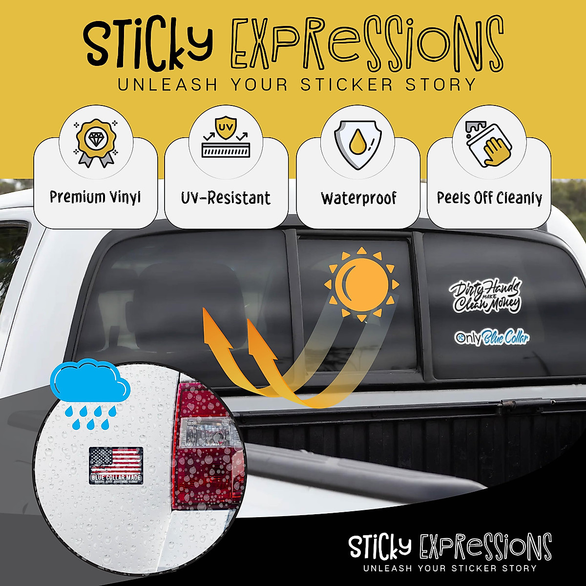 Sticky Expressions | Only Blue Collar, Dirty Hands Clean Money Sticker & American Flag Hard Hat Stickers for Men (3 Pcs) – Durable, Waterproof Hard Hat Stickers for Men.