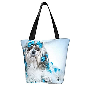 Shih Fur Tzu Dog Curlers Haired Women's Shoulder Handbag Gym Tote Bag Storage Handle Bag