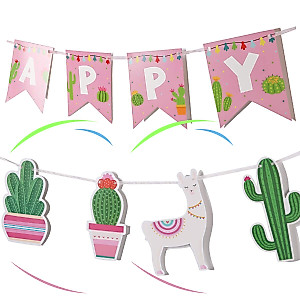 Llama Cactus Happy Birthday Banner Garland Decoration Set of 2 for Baby Shower Cino De Mayo Mexican Fiesta Centerpieces Party Graduation Supplies Hawaii Kids Llama Cactus Themed Party