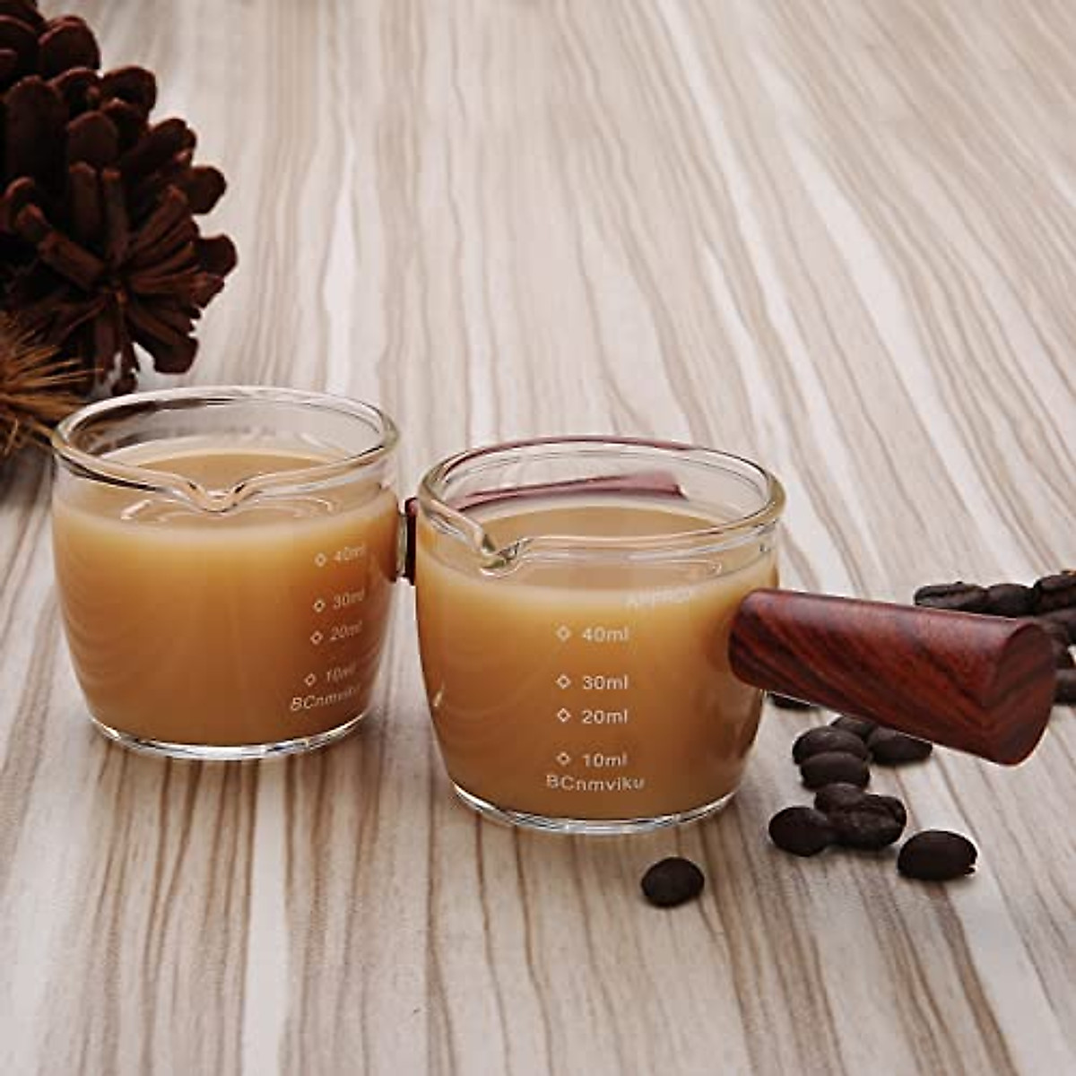 BCnmviku Espresso Shot Glass 40ML/1.5OZ Borosilicate glass Triple Pitcher Barista Single Spouts With Wood Handle (1)