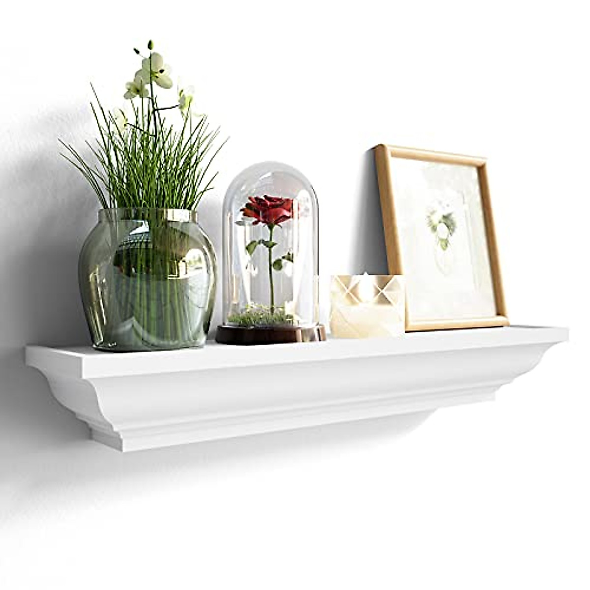 SRIWATANA White Floating Shelves, 24 Inch Solid Wood Storage Wall Shelves Set of 4 Display Ledge Shelves Decor for Bedroom, Living Room, Bathroom, Kitchen - White