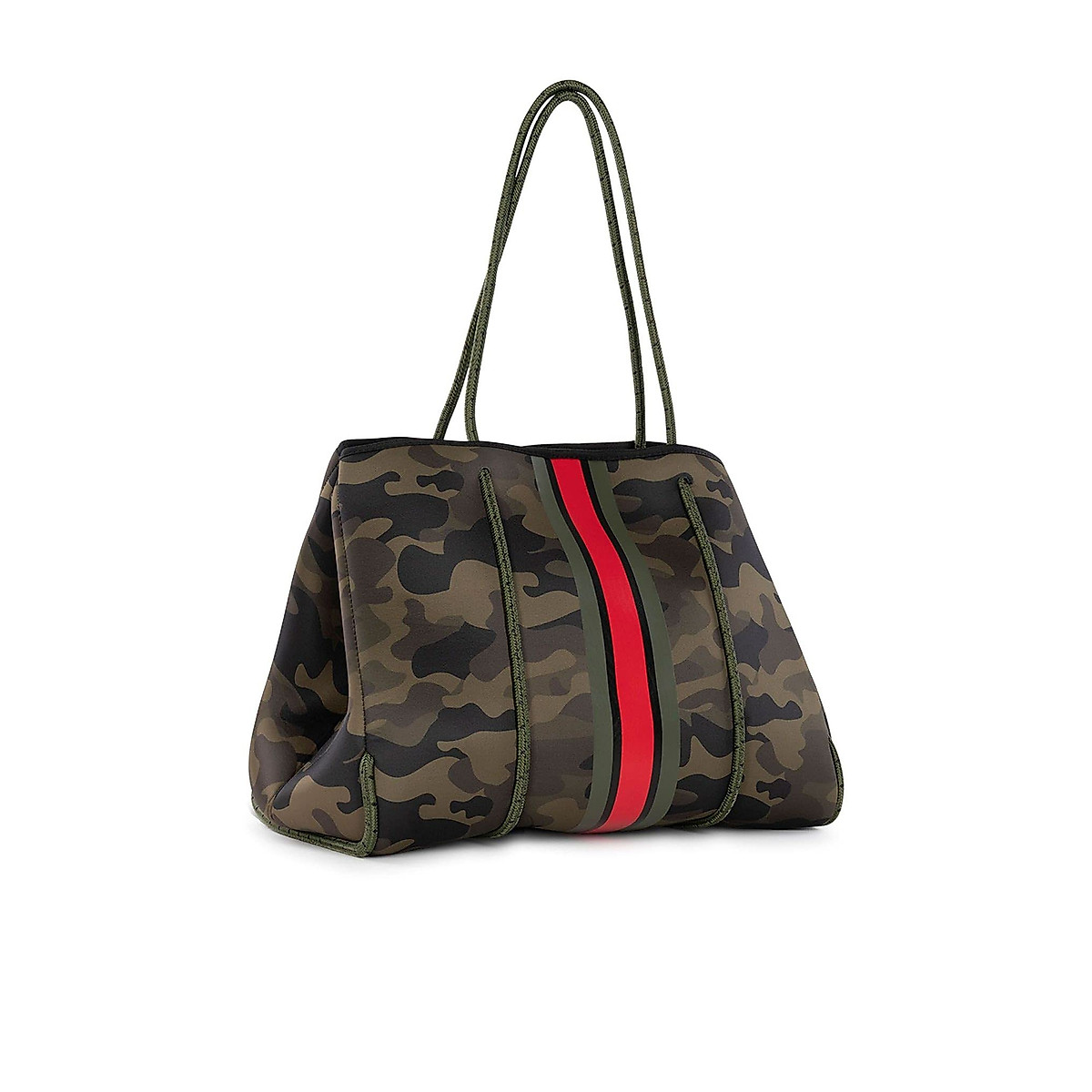 Haute Shore - Greyson Soho Neoprene Tote Bag w/Zipper Wristlet Inside, Green Camo W/Olive, Black, & Red Stripe