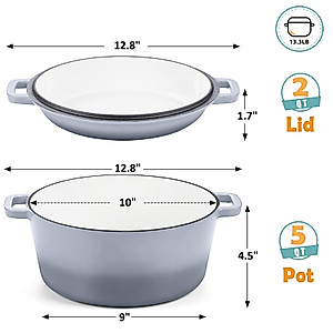 TeamFar 5 Quart Enameled Cast Iron Dutch Oven, 2-In-1 Dutch Oven Pot Cookware with Skillet Lid for Bread Baking Braising Stewing Roasting, Sturdy & Nonstick, Oven Safe & Fit for Induction (Grey)