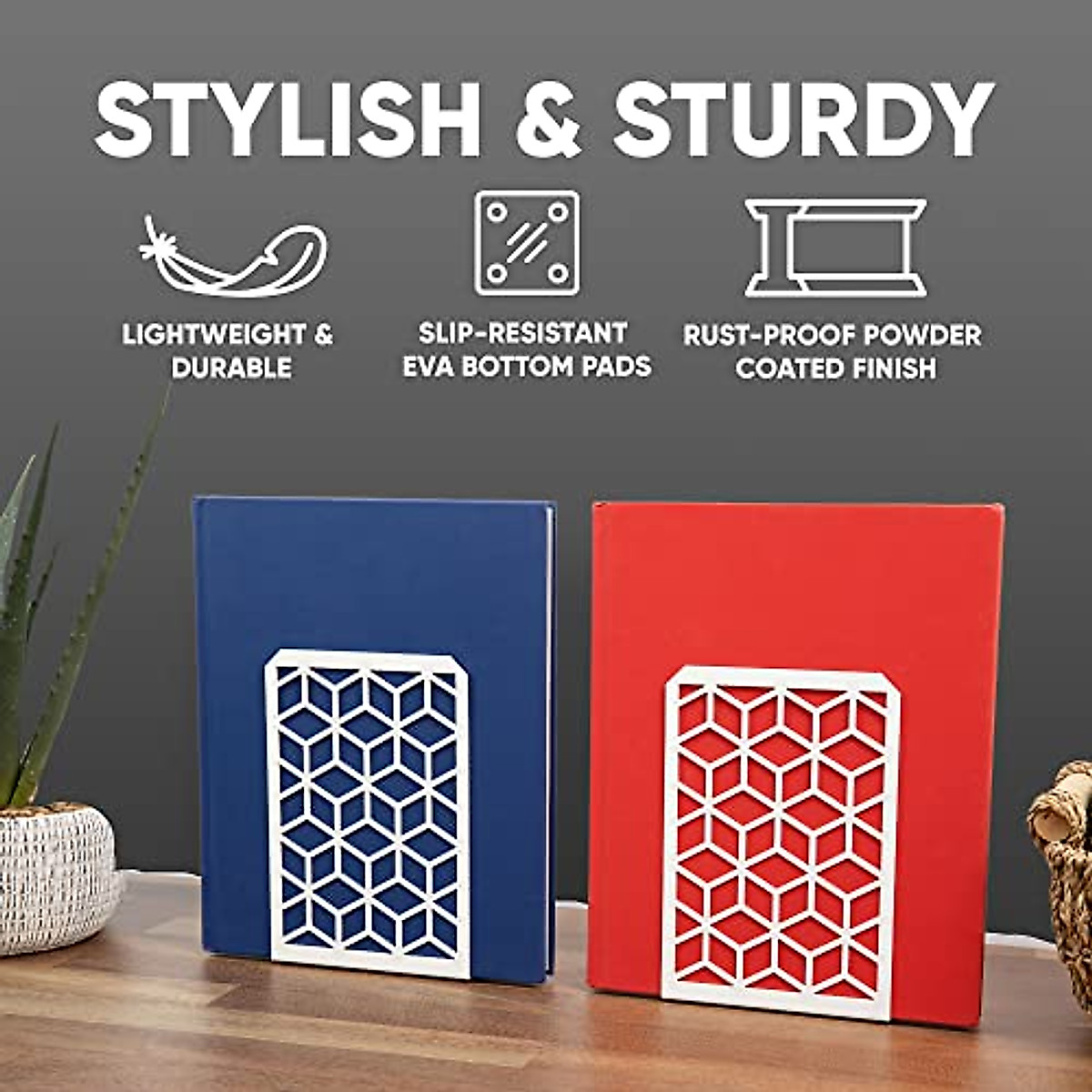 3D Metal White Bookends for Heavy Books, Premium Boho Book Ends for Office, Sturdy Book Stopper, Rustproof and Durable Bookends Decorative Unique for Home, 7 (L) x 4.75 (W) inches, 1 Pair - Geomod