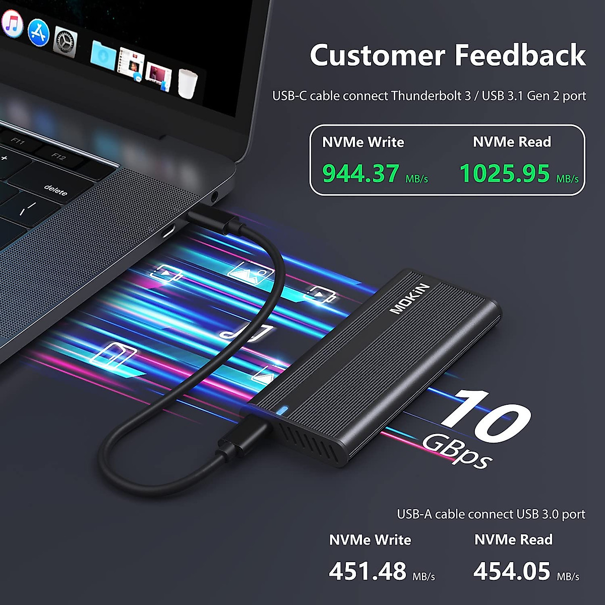 MOKiN M.2 NVMe SATA SSD Enclosure Adapter Tool-Free,USB C 3.2 Gen 2 10Gbps M.2 NVMe,6Gbps SATA PCIe M-Key(B+M Key), NVMe M.2 Enclosure Support UASP Trim for 2242/2260/2280 SSD