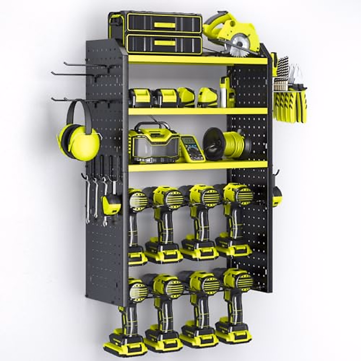 KAFAHOM Power Tool Organizer, Large 8 Drill Holder Wall Mount with 2 Side Pegboards,5 Layer Heavy Duty Metal Tool Storage Rack, Tool Shelf for Garage Organization, Utility Battery Shelves - Green