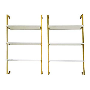 PIBM Stylish Simplicity Shelf Wall Mounted Floating Rack Shelves Solid Wood Iron Art Simple Modern Storage Bookshelf Living Room Multi-Layer,3 Sizes, Gold , B60X25X108CM