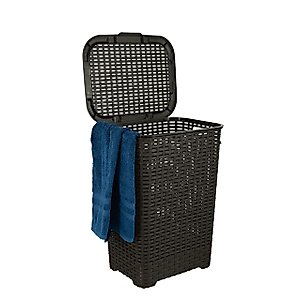 Plastic Laundry Hamper with Lid Laundry Hamper Basket, Brown Tall Cloths Hamper Organizer with Cut-out Handles. Space Saving for Laundry Room Bedroom Bathroom, Wicker Design 60 Liter
