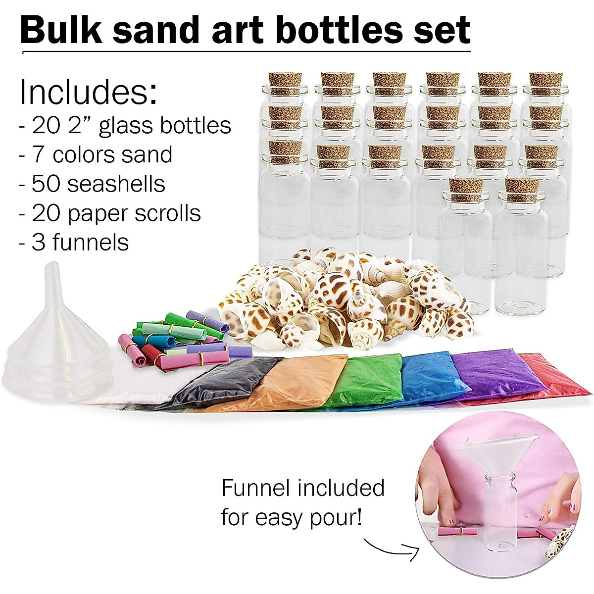 Upper Midland Products Sand Art Wishing Bottles, Bulk Sand Art She Shell Set, 20 Glass Bottles, 50 Seashells, 7 Color Sand, 20 Letter Paper, 3 funnels