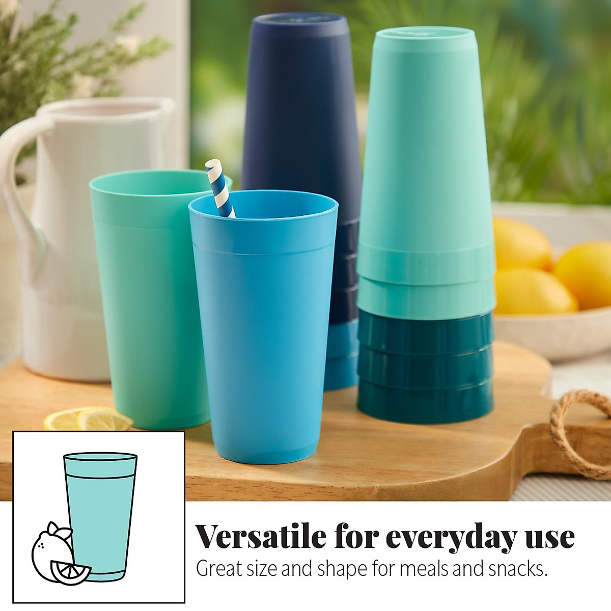 US Acrylic Newport 20 ounce Unbreakable Plastic Stackable Water Tumblers in 4 Coastal Colors | Set of 12 Drinking Cups | Reusable, BPA-free, Made in the USA, Top-rack Dishwasher and Microwave Safe