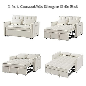 SEVENWOOD Velvet Loveseat Sleeper Sofa Bed, Convertible Futon Sofa Couch with Pull Out Bed, Small 2 Seater Lounge Sofa with Adjustable Backrest and Toss Pillows for Living Room.