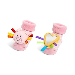 DEMDACO Pig Pink 3-6 Months Baby Rattle and Mirror Activity Sock Set