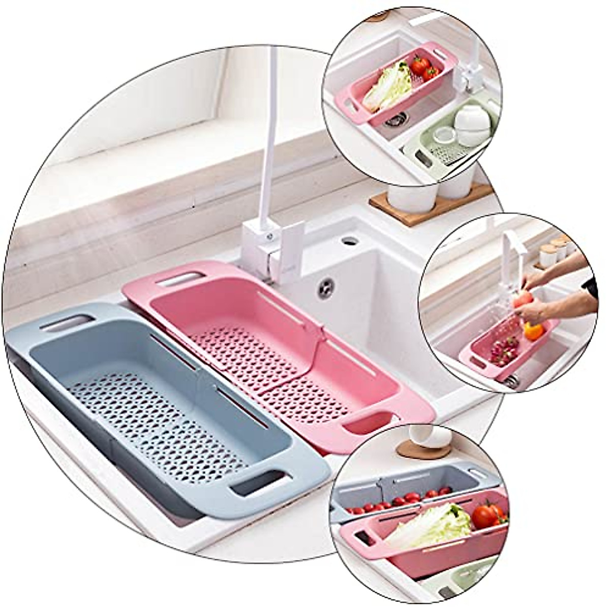 Cabilock Expandable Dish Drying Rack Adjustable Over The Sink Dish Drainer Utensil Silverware Fruit Storage Holder Basket for Home Kitchen Pink
