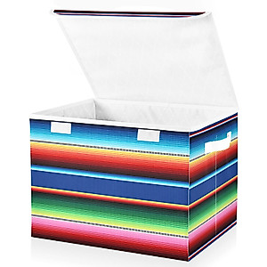 Moudou Mexican Serape Blanket Stripes Storage Basket with Lid, Large Collapsible Cube Storage Bin for Closet, Office, Nursery, Home Decor, 16.5 x 12.6 x 11.8 Inch