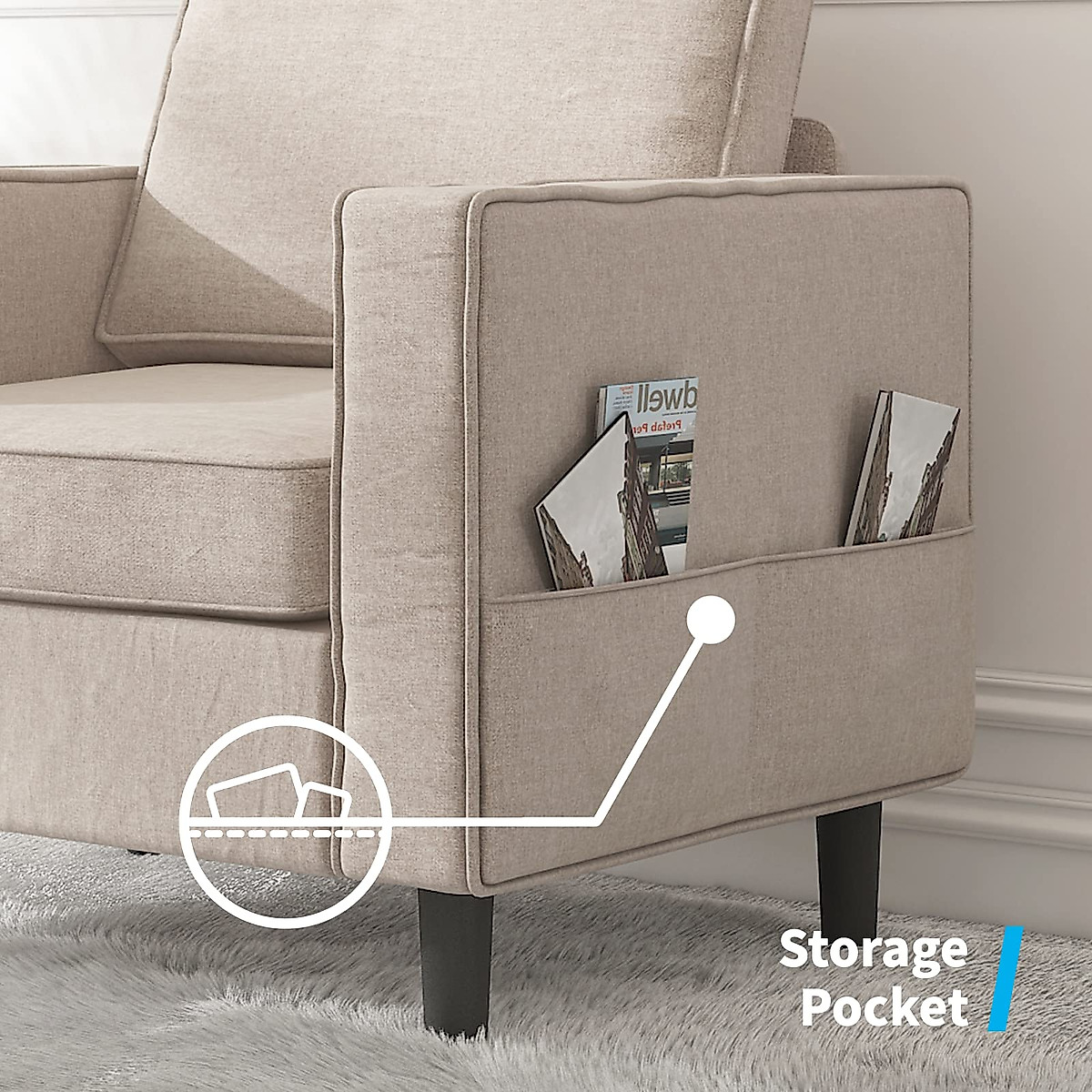 Mjkone Loveseat Sofa with 2 Storage Side Pocket, 54.7'' Modern Fabric Love Seats, Easy Assembly/High Resilience Sponge/Real Wooden Frame and Solid Wood Sofa Legs(Beige, Loveseat)