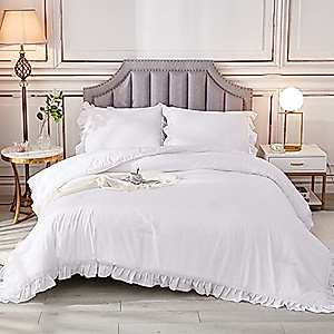 Andency White Ruffle Comforter Full(79x90Inch), 3 Pieces Farmhouse Shabby Chic Comforter, Vintage Rustic Soft Microfiber Down Alternative Bedding Comforter Set