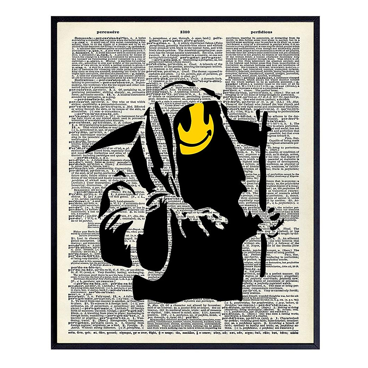 Banksy Grim Reaper Graffiti Dictionary Art - 8x10 Smiley Face Poster - Modern Home or Dorm Decor, Contemporary Wall Decoration Print - Funny Gift for Street Art Fans - Unframed Photo Print Sign