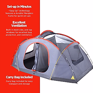 Outbound 8 Person 3 Season Lightweight Easy Set Up Dome Camping Tent with Room Divider, Heavy Duty Rainfly, Tent Stakes, and Carrying Bag, Red/Gray