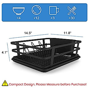 TreeLen Dish Drainers for Kitchen Counter with Drainboard Set Black Dishes Drying Rack Dish Sink Strainers with Removable Utensil Cup Holder-Black-14.6x11.8”