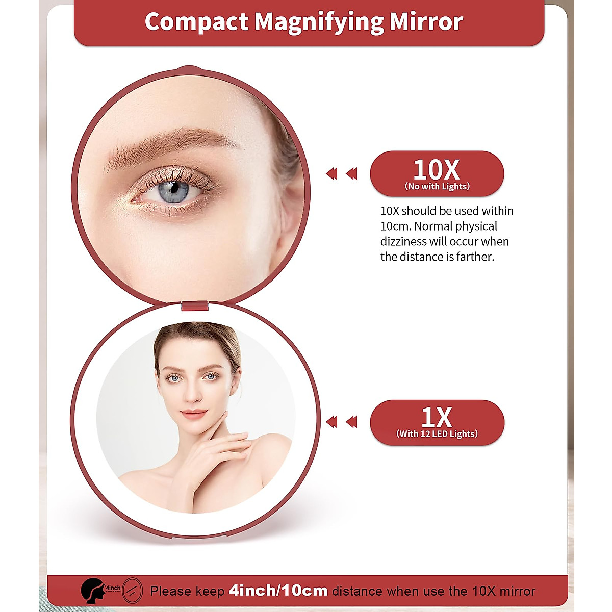 wobsion Travel Compact Mirror,Portable 1x/10x LED Makeup Mirror with Magnification,Handheld 2-Sided Pocket Mirror, 3.5in Small Mirror for Purse,Handbag,Gift,Wine Red