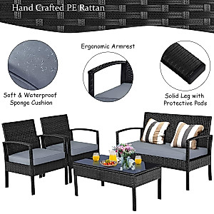 DORTALA 4 Piece Patio Furniture Set, Outdoor Rattan Wicker Conversation Set with Cushion & Coffee Table, Chairs and Table Set for Courtyard Balcony Garden, Black