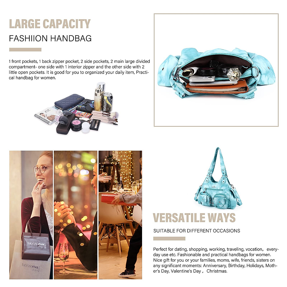 Angel Kiss Handbags for Women Hobo Bags for Large Tote Bag Soft PU Leather Multi-Pocket Shoulder Bag Top Handle Handbag