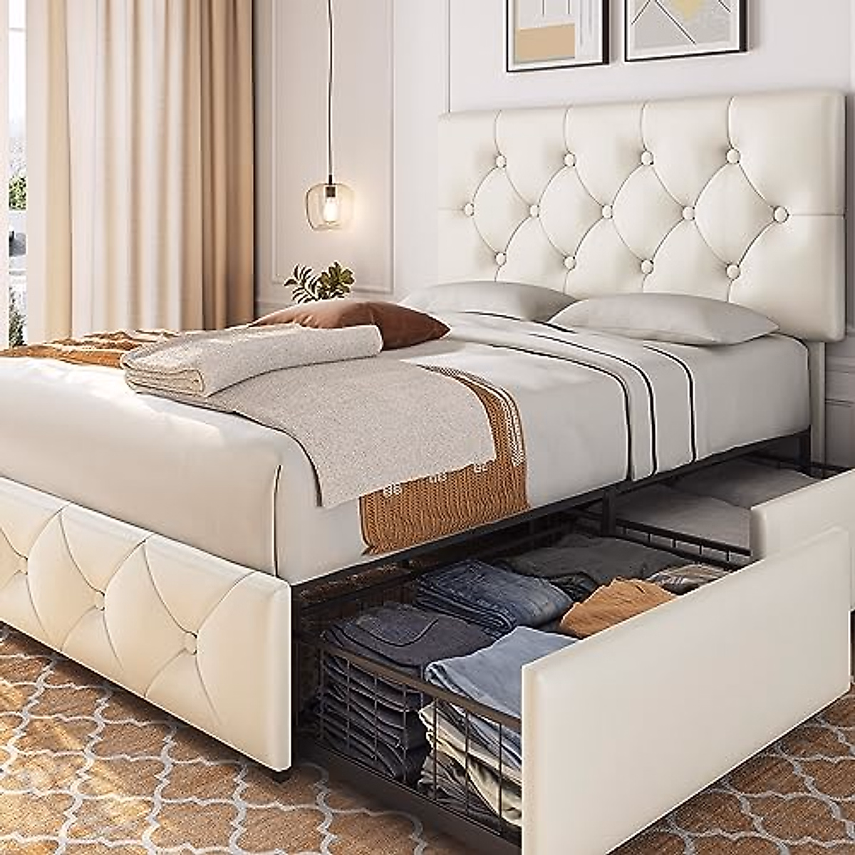 Yaheetech Full Upholstered Bed Frame with 4 Storage Drawers and Adjustable Headboard, Faux Leather Platform Bed Frame with Mattress Foundation, Strong Wooden Slats Support, No Box Spring Needed, Beige