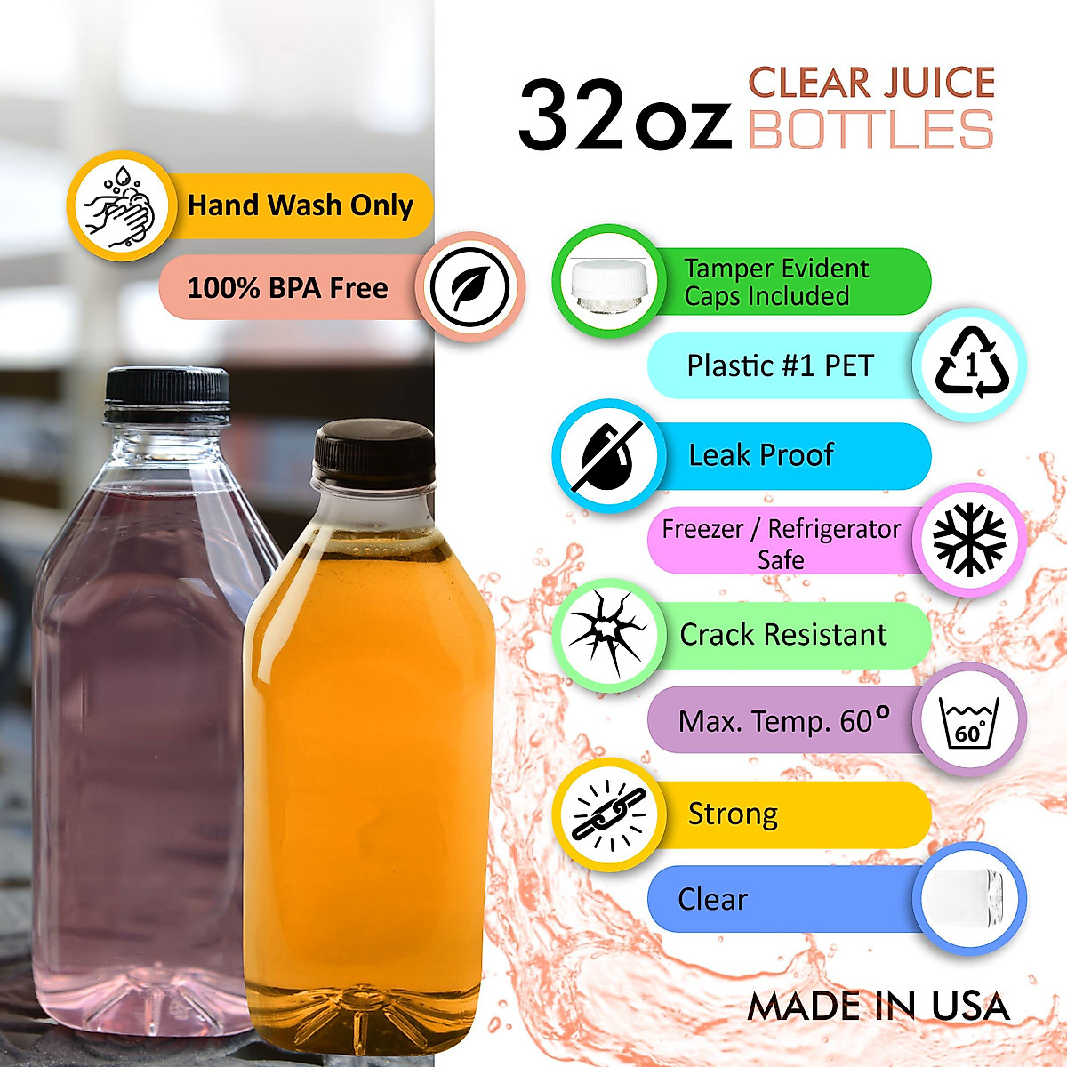 EcoQuality [77 PACK] Empty Clear Plastic Juice Bottles with Tamper Evident Caps 32 OZ Quart Bottles - Smoothie Bottles - Ideal for Juices, Milk, Smoothies, Juice Containers and even Meal Prep