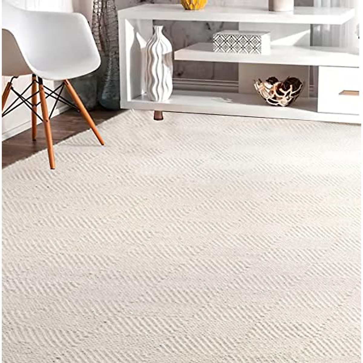 Handwoven Wool Area Rug- Natural Yarn- Contemporary Farmhouse Decor- ecofriendly Rugs for Bedroom Living Room (Ivory, 5'x8')