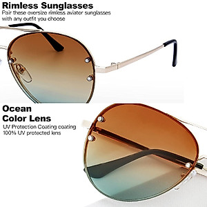 The Fresh Oversize Rimless Double Crossbar Ocean Color Lens Aviator Sunglasses 61mm Gift Box (5-Gold, Brown/Green)