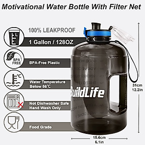 BuildLife Gallon Water Bottles with Times to Drink - Gallon Water Jug - 1 Gallon Water Bottle–128 oz Water Bottle,One Gallon Water Bottle with Time Marke for Gym(Black, 1 Gallon)