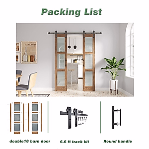 FREDBECK Double 18 x 84 inch Glass Barn Doors 36inch Barn Door with 6.6FT Hardware Kit & Handle Included,3-Panel Frosted Glass,LVL Wood Panel,Water-Proof PVC Surface,Pre-Drilled Holes,Need Assembly
