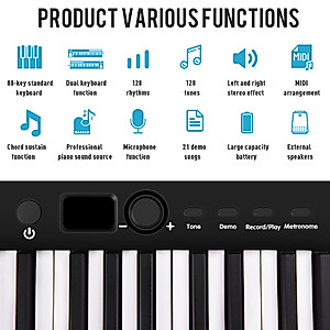 88 Key Foldable Digital Piano Keyboard,Full Size Semi Weighted Keys Bluetooth Keyboard Portable Electronic Piano with Pedal, piano bag,charger,Bluetooth MIDI,music stand for all ages