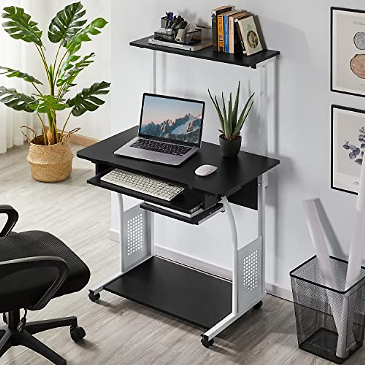 Topeakmart 3 Tier Computer Desk with Printer Shelf and Keyboard Tray, Home Office Desk Computer Workstation Rolling Study PC Laptop Table for Small Spaces Black