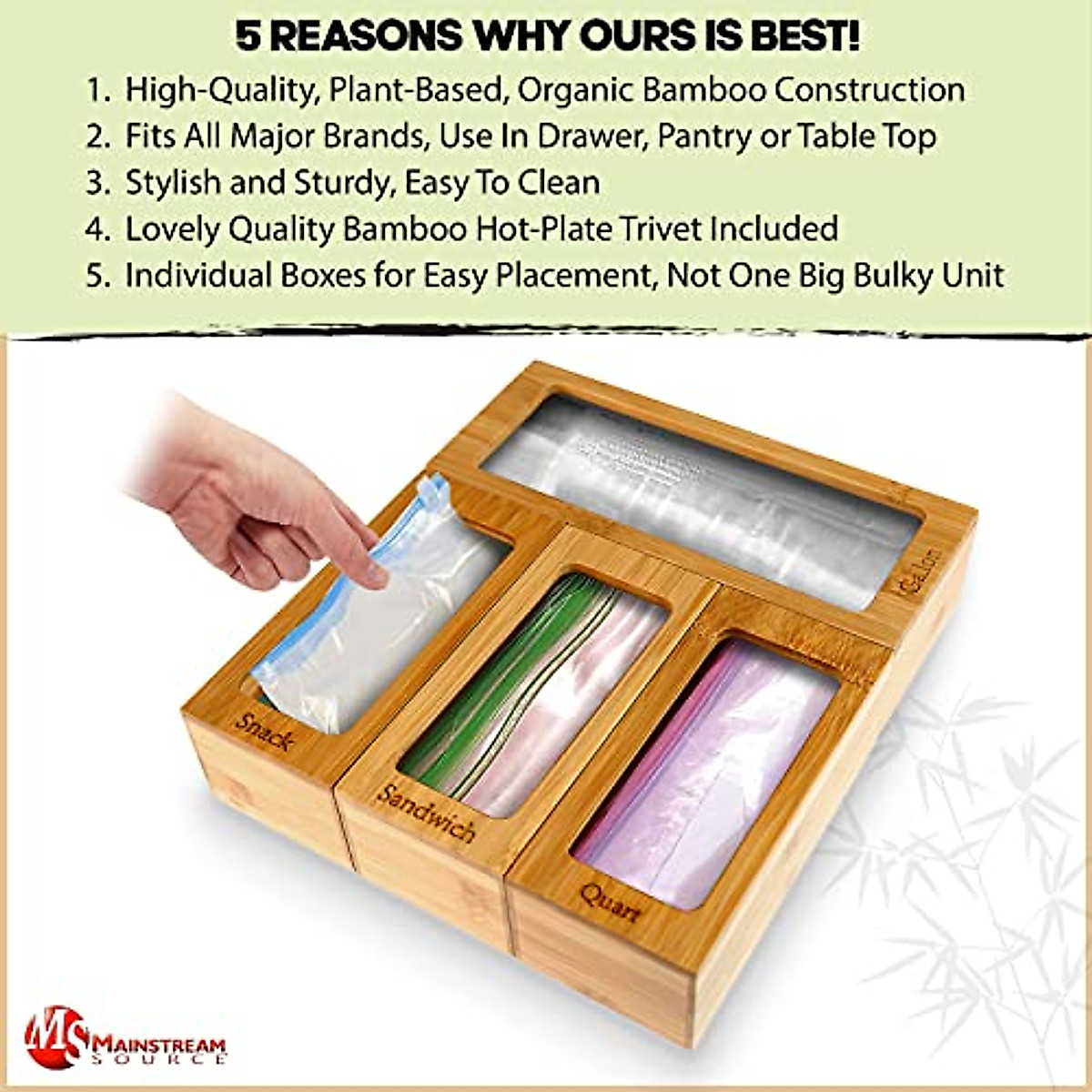 Mainstream Source® Bamboo Zip Bag Organizer Set – Baggie Organizer Set for Snacks and Sandwiches, Holds Quart & Gallon Ziplock Bags, Includes Bamboo Trivet