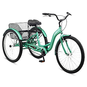 Schwinn Meridian Adult Tricycle Bike, Mens and Womens Three Wheel Beach Cruiser, 26-Inch Wheels, Low Step-Through Frame, Wide Seat, Rear Folding Basket, Single-Speed, Green