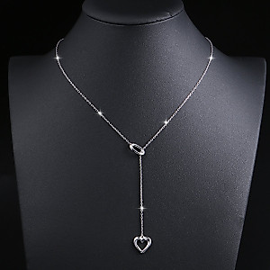 Long Necklace 925 Sterling Silver Adjustable Oval Heart Y Shaped Lariat Necklace for Women Teen Girls Gifts, 20 + 2 inches