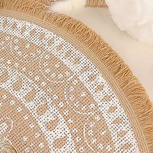 TABLECLOTHSFACTORY 4 Pack | Natural 15" Jute & White Print Fringe Placemats, Rustic Round Woven Burlap Tassel Table Mats