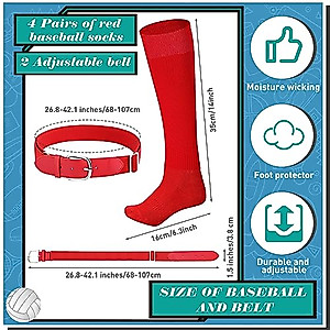 Newcotte 4 Pairs Baseball Sock and 2 Pcs Belt Combo Set Adjustable Softball Sock for Youth Boys Girls Kids Adult, Red (Medium)