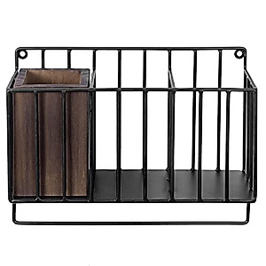 MyGift Wall Mounted Hair Styling Tools Holster Rack - Industrial Matte Black Metal Wire Hair Dryer Holder, 3 Compartments and Hand Towel Bar