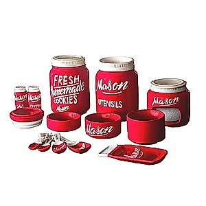 Mason Jar Kitchenware 17-Piece Set - Vintage Kitchen Accessories - Measuring Cups & Spoons, Spoon Rest, Salt & Pepper Shakers, Sponge Holder, Cookie Jar, Utensil Crock - Mother's Day Gift - Red