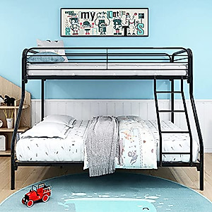 HomJoones Heavy Duty Metal Bunk Bed Twin Over Full Size, Heavy Duty Floor Bunk Beds Frame with Enhanced Upper-Level Guardrail (Black)